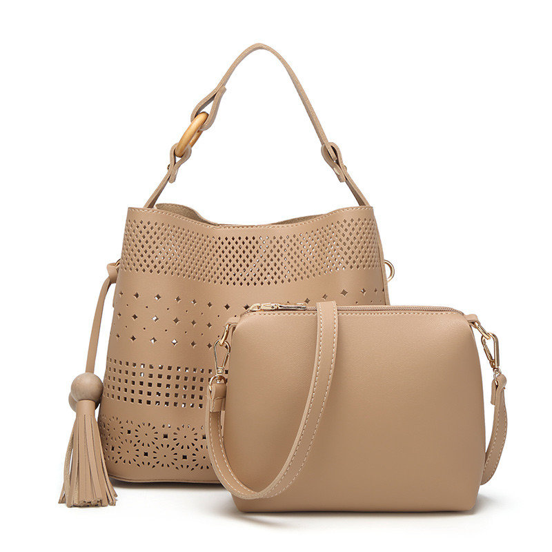 Hollow Out Beige Faux Leather PU Bucket Barrel Purse Leather