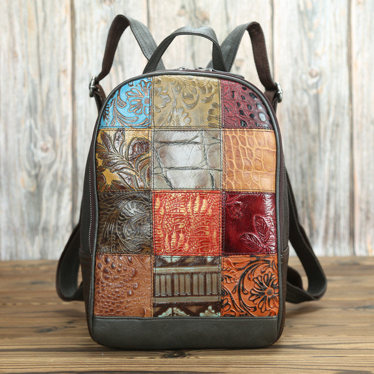 Waterproof Handmade Splicing Mini Small Genuine Leather Backpack Womens
